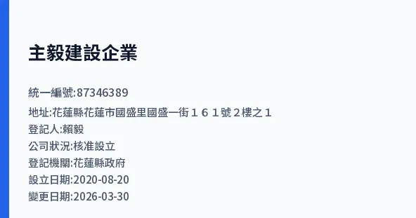 主毅建設企業的照片-統編 87346389(花蓮縣) 公司登記資料與營業項目詳細圖表