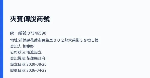 夾寶傳說商號的照片-統編 87346590(花蓮縣) 公司登記資料與營業項目詳細圖表
