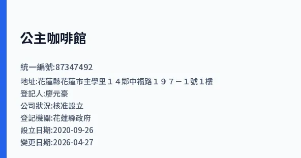 公主咖啡館的照片-統編 87347492(花蓮縣) 公司登記資料與營業項目詳細圖表