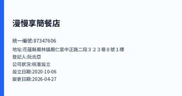 漫慢享簡餐店的照片-統編 87347606(花蓮縣) 公司登記資料與營業項目詳細圖表