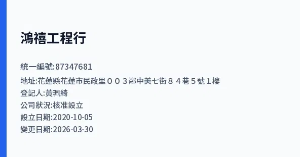 鴻禧工程行的照片-統編 87347681(花蓮縣) 公司登記資料與營業項目詳細圖表