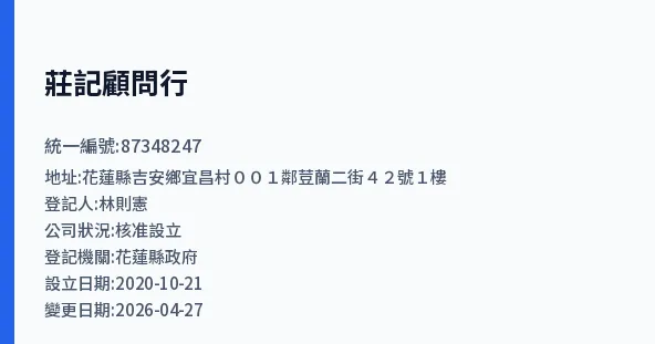 莊記顧問行的照片-統編 87348247(花蓮縣) 公司登記資料與營業項目詳細圖表