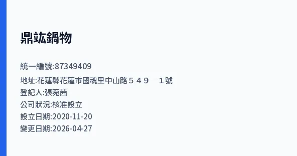 鼎竑鍋物的照片-統編 87349409(花蓮縣) 公司登記資料與營業項目詳細圖表