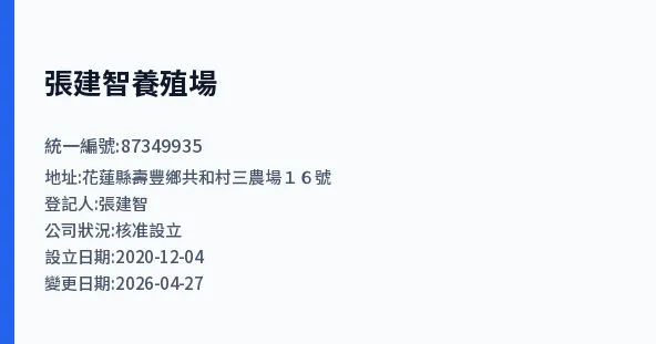 張建智養殖場的照片-統編 87349935(花蓮縣) 公司登記資料與營業項目詳細圖表