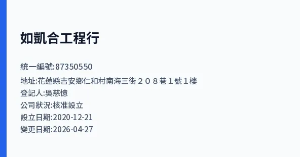 如凱合工程行的照片-統編 87350550(花蓮縣) 公司登記資料與營業項目詳細圖表