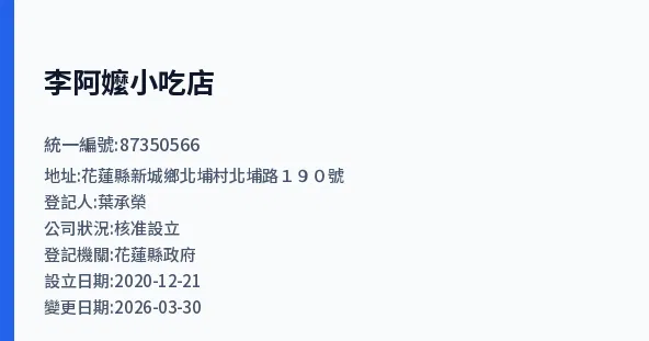 李阿嬤小吃店的照片-統編 87350566(花蓮縣) 公司登記資料與營業項目詳細圖表