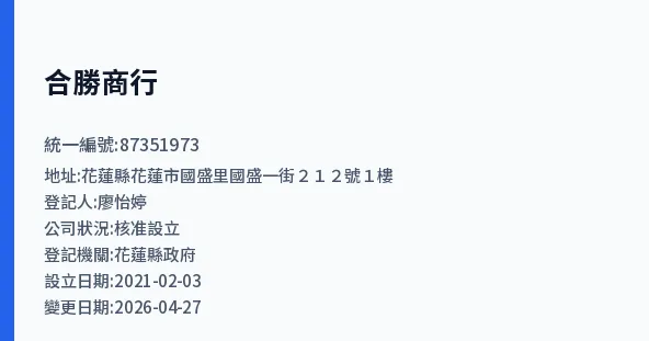 合勝商行的照片-統編 87351973(花蓮縣) 公司登記資料與營業項目詳細圖表