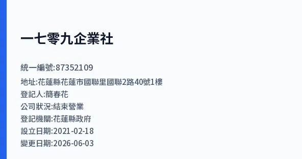 一七零九企業社的照片-統編 87352109(花蓮縣) 公司登記資料與營業項目詳細圖表