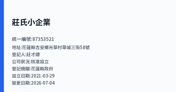 莊氏小企業的照片-統編 87353521(花蓮縣) 公司登記資料與營業項目詳細圖表