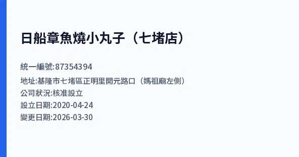 日船章魚燒小丸子(七堵店)的照片-統編 87354394(基隆市) 公司登記資料與營業項目詳細圖表