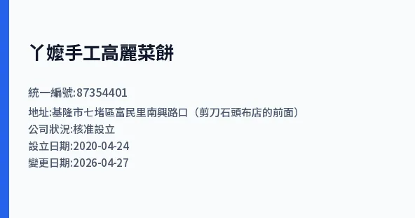 丫嬤手工高麗菜餅的照片-統編 87354401(基隆市) 公司登記資料與營業項目詳細圖表