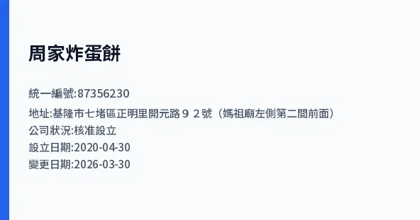 周家炸蛋餅的照片-統編 87356230(基隆市) 公司登記資料與營業項目詳細圖表