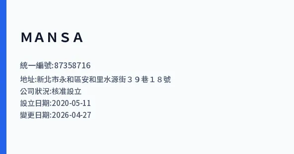 MANSA的照片-統編 87358716(新北市) 公司登記資料與營業項目詳細圖表