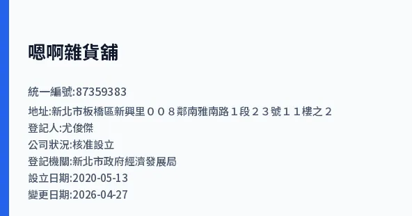 嗯啊雜貨舖的照片-統編 87359383(新北市) 公司登記資料與營業項目詳細圖表