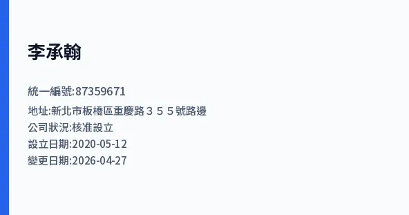李承翰的照片-統編 87359671(新北市) 公司登記資料與營業項目詳細圖表