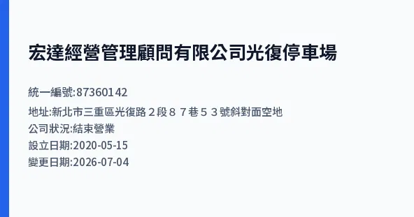 宏達經營管理顧問有限公司光復停車場的照片-統編 87360142(新北市) 公司登記資料與營業項目詳細圖表