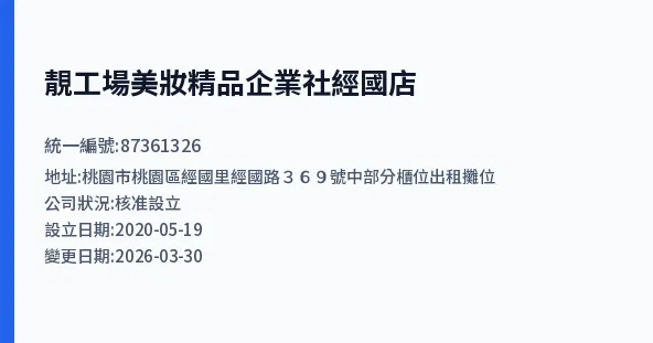 靚工場美妝精品企業社經國店的照片-統編 87361326(桃園市) 公司登記資料與營業項目詳細圖表