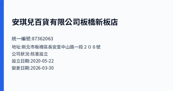安琪兒百貨有限公司板橋新板店的照片-統編 87362063(新北市) 公司登記資料與營業項目詳細圖表
