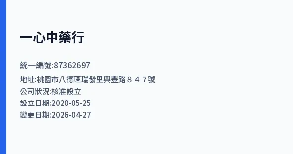 一心中藥行的照片-統編 87362697(桃園市) 公司登記資料與營業項目詳細圖表