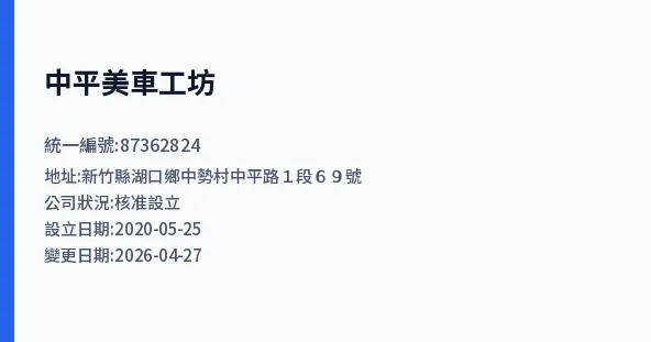 中平美車工坊的照片-統編 87362824(新竹縣) 公司登記資料與營業項目詳細圖表