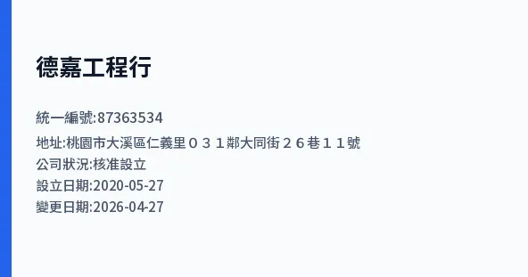 德嘉工程行的照片-統編 87363534(桃園市) 公司登記資料與營業項目詳細圖表