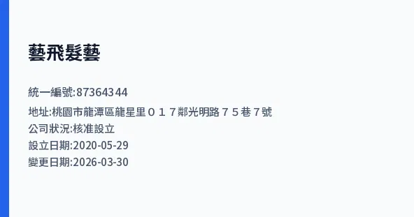 藝飛髮藝的照片-統編 87364344(桃園市) 公司登記資料與營業項目詳細圖表
