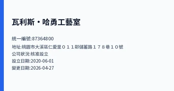 瓦利斯•哈勇工藝室的照片-統編 87364800(桃園市) 公司登記資料與營業項目詳細圖表