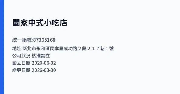 闔家中式小吃店的照片-統編 87365168(新北市) 公司登記資料與營業項目詳細圖表