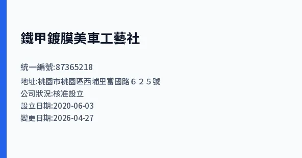 鐵甲鍍膜美車工藝社的照片-統編 87365218(桃園市) 公司登記資料與營業項目詳細圖表
