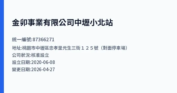 金卯事業有限公司中壢小北站的照片-統編 87366271(桃園市) 公司登記資料與營業項目詳細圖表