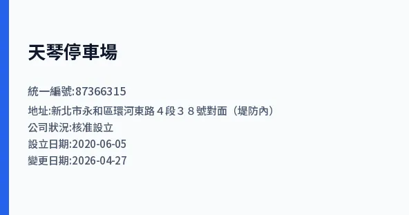 天琴停車場的照片-統編 87366315(新北市) 公司登記資料與營業項目詳細圖表
