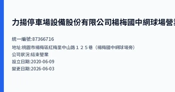 力揚停車場設備股份有限公司楊梅國中網球場營業所的照片-統編 87366716(桃園市) 公司登記資料與營業項目詳細圖表
