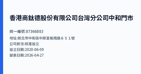香港商鈦德股份有限公司台灣分公司中和門市的照片-統編 87366883(新北市) 公司登記資料與營業項目詳細圖表