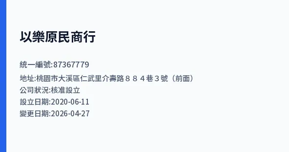 以樂原民商行的照片-統編 87367779(桃園市) 公司登記資料與營業項目詳細圖表