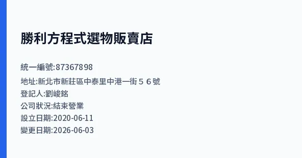 勝利方程式選物販賣店的照片-統編 87367898(新北市) 公司登記資料與營業項目詳細圖表