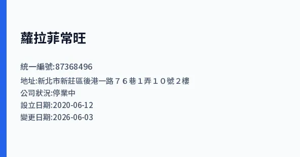 蘿拉菲常旺的照片-統編 87368496(新北市) 公司登記資料與營業項目詳細圖表