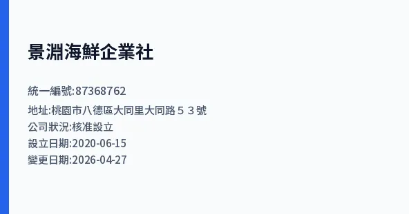 景淵海鮮企業社的照片-統編 87368762(桃園市) 公司登記資料與營業項目詳細圖表