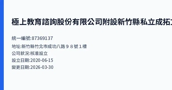 極上教育諮詢股份有限公司附設新竹縣私立成拓文理短期補習班的照片-統編 87369137(新竹縣) 公司登記資料與營業項目詳細圖表