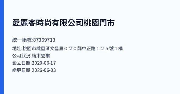愛麗客時尚有限公司桃園門市的照片-統編 87369713(桃園市) 公司登記資料與營業項目詳細圖表