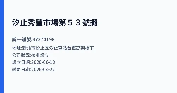 汐止秀豐市場第53號攤的照片-統編 87370198(新北市) 公司登記資料與營業項目詳細圖表