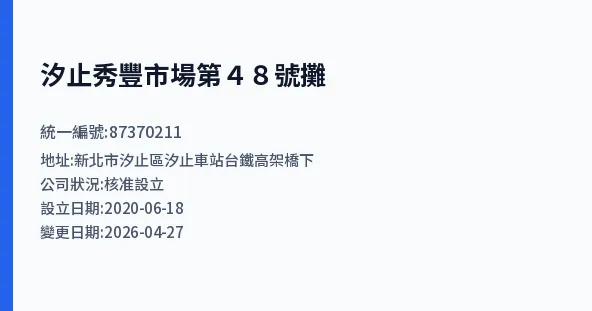 汐止秀豐市場第48號攤的照片-統編 87370211(新北市) 公司登記資料與營業項目詳細圖表