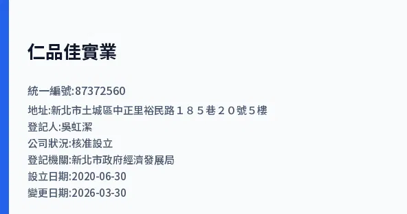 仁品佳實業的照片-統編 87372560(新北市) 公司登記資料與營業項目詳細圖表