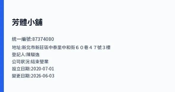 芳體小舖的照片-統編 87374080(新北市) 公司登記資料與營業項目詳細圖表