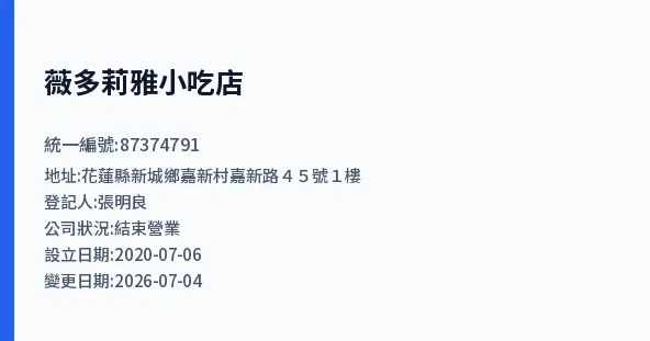 薇多莉雅小吃店的照片-統編 87374791(花蓮縣) 公司登記資料與營業項目詳細圖表