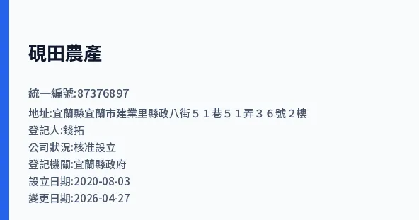 硯田農產的照片-統編 87376897(宜蘭縣) 公司登記資料與營業項目詳細圖表
