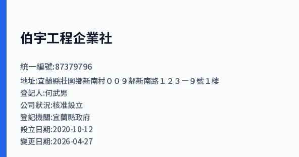 伯宇工程企業社的照片-統編 87379796(宜蘭縣) 公司登記資料與營業項目詳細圖表