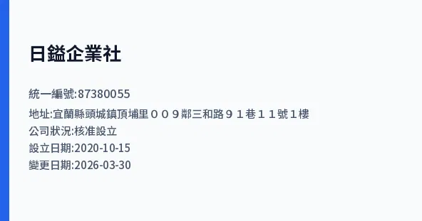 日鎰企業社的照片-統編 87380055(宜蘭縣) 公司登記資料與營業項目詳細圖表