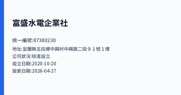富盛水電企業社的照片-統編 87380230(宜蘭縣) 公司登記資料與營業項目詳細圖表