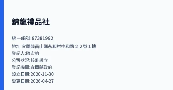 錦龍禮品社的照片-統編 87381982(宜蘭縣) 公司登記資料與營業項目詳細圖表