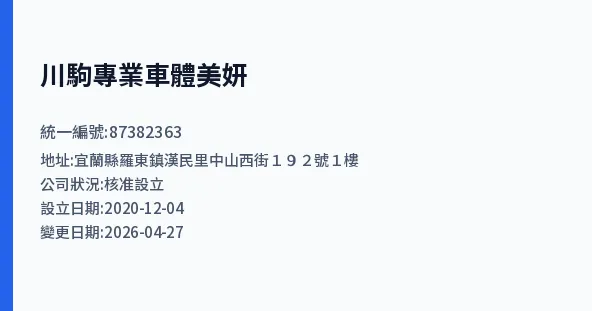 川駒專業車體美妍的照片-統編 87382363(宜蘭縣) 公司登記資料與營業項目詳細圖表